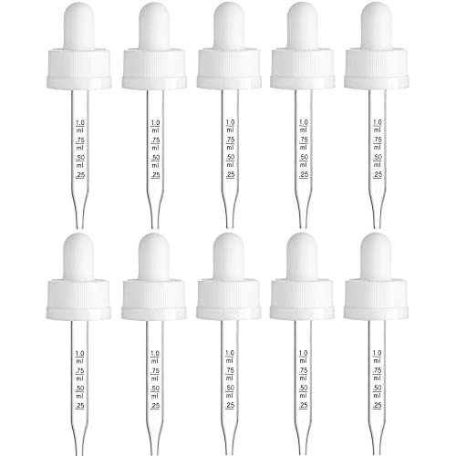 Comfort Axis Child Resistant Calibrated Glass Eye Dropper for 1/2 oz Bottle, White, 18-400 Neck Finish (10 Pack)