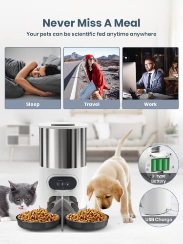 Automatic Cat Feeder, WHDPETS WiFi Cat Food Dispenser for 2 Cats & Dogs, 304 Stainless Steel Pet Feeder with Feeding Mat, 2-Way Splitter, APP Control, 10s Voice Recorder, Dual Power Supply