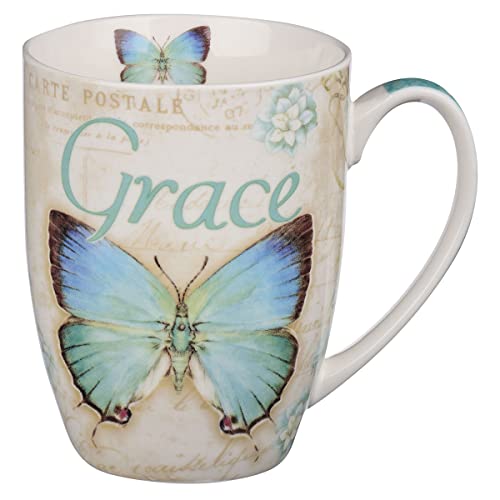 Amazing Grace Butterfly Mug – Botanic Teal and Blue Butterfly Coffee Mug w/Ephesians 2:8, Bible Verse Mug for Women and Men – Inspirational Coffee Cup and Christian Gifts (12-ounce Ceramic Cup)