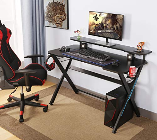 JJS 48" Home Office Gaming Computer Desk with Removable Monitor Stand, X Shaped Large Gamer Workstation PC Table with Cup Holder Headphone Hook Speaker Storage Free Mouse pad, Black