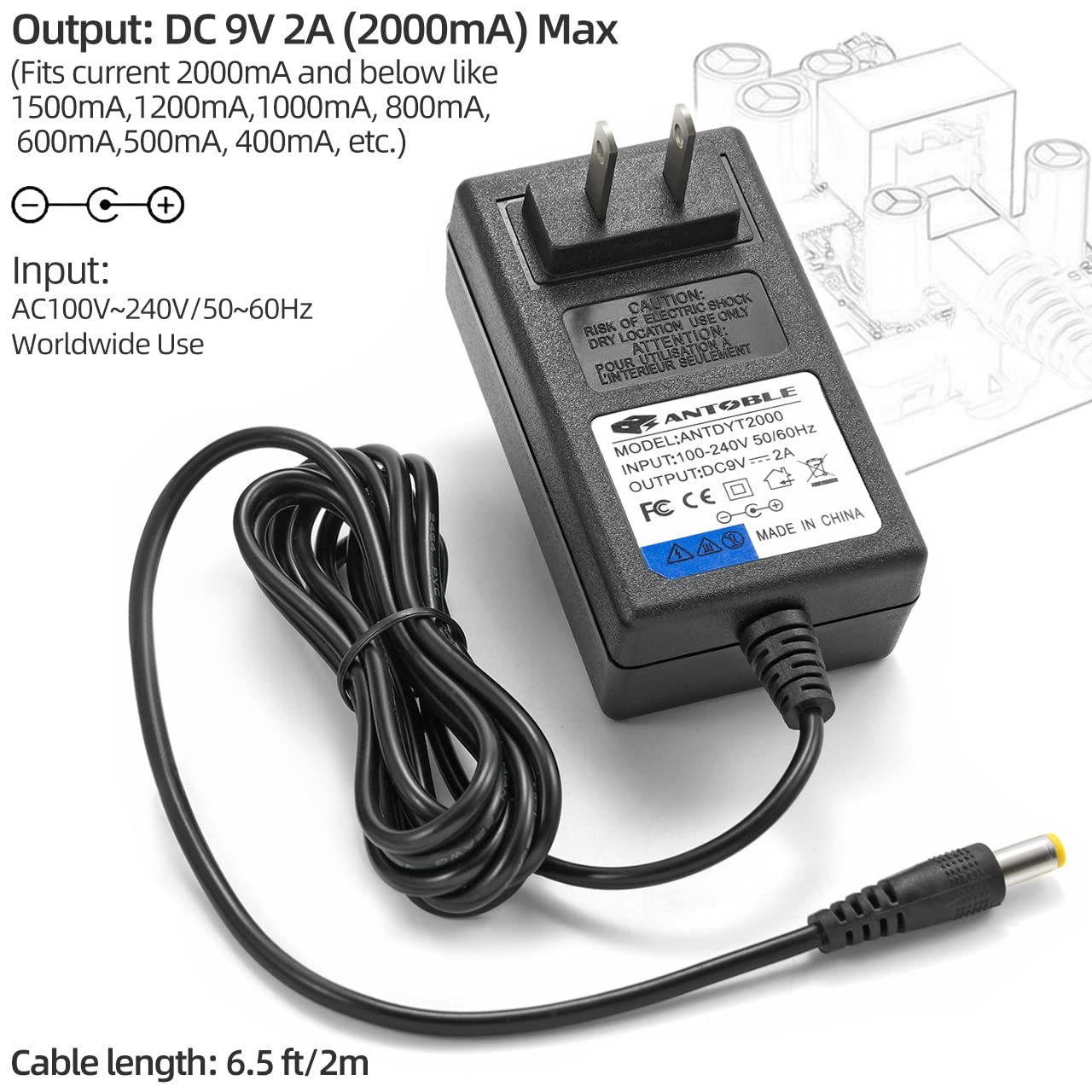 ANTOBLE Adapter Power Cord for Crosley Cruiser Portable Turntable Record Player CR8005A CR8005A-BK CR8005A-TU CR8005C CR89 CR221 Replaces RHD35-0900400 Class 2 AC Charger 9V DC Power Supply 6.5ft Cord