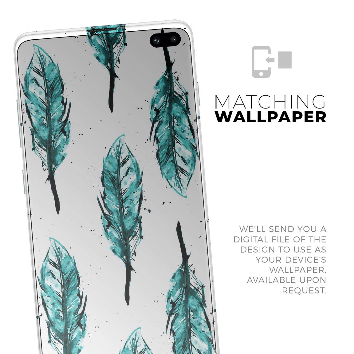 DesignSkinz Splattered Teal Watercolor Feathers Protective Vinyl Decal Wrap Skin Cover Compatible with The Samsung Galaxy S20 (Screen Trim & Back Glass Skin)