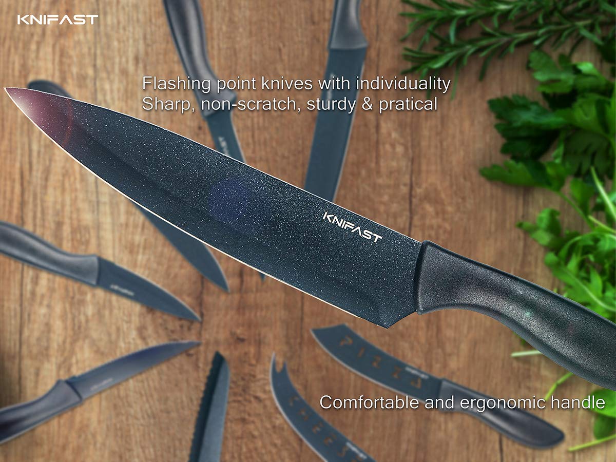 KNIFAST Knife Set Stainless Steel 18 Pieces with Block Dishwasher Safe, Kitchen Knives Set Chef Knife Set with Knife Sharpener, 6 Steak Knives with Peeler Scissors Cheese Pizza Knife and Acrylic Stand