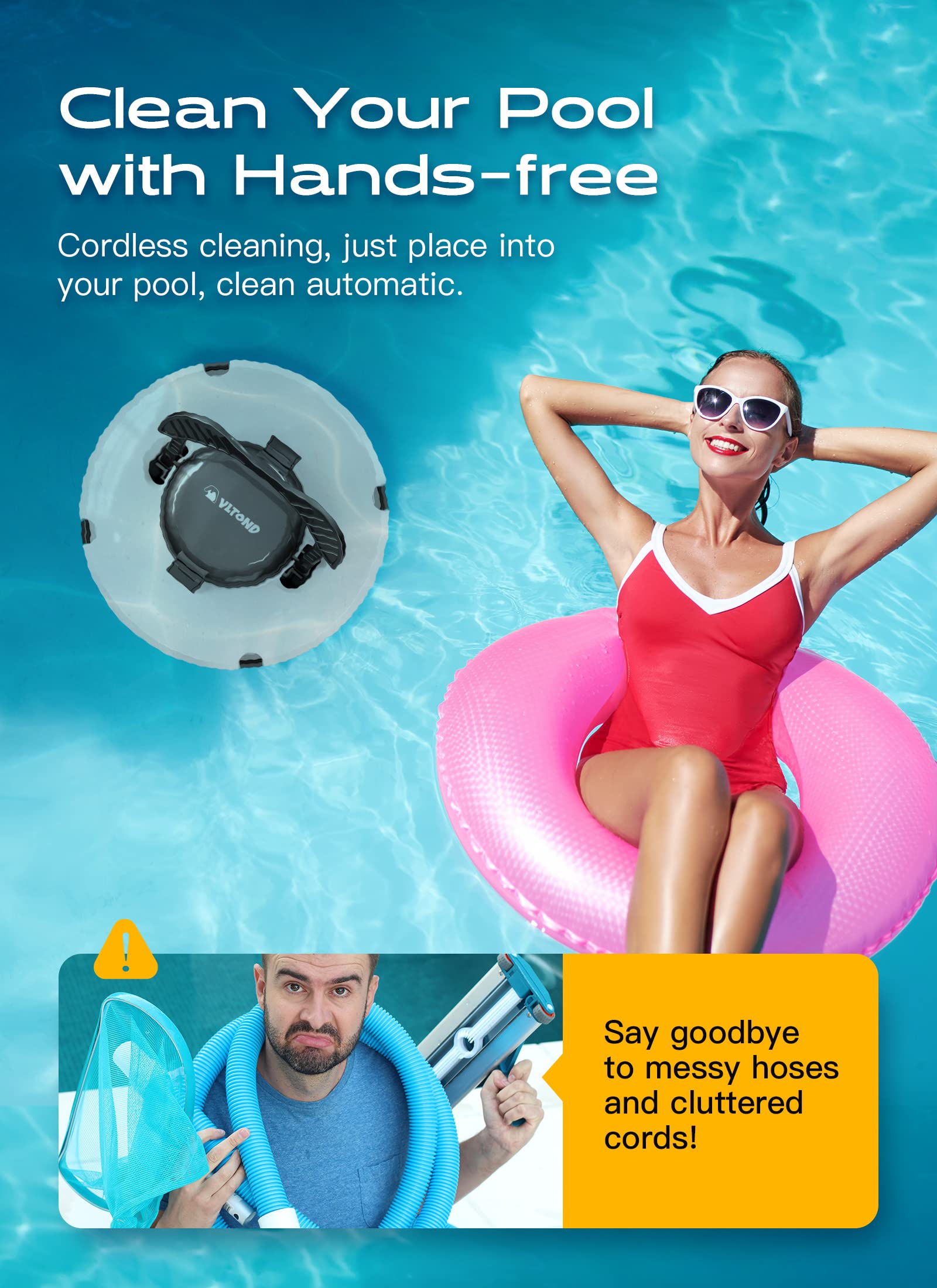ππππ ππ©π π«ππππ Cordless Pool Vacuum -γUp to πππ Minsγ Robot Pool Vacuum Cleaner for Above Ground/Inground PoolγEnhanceγ 5200mAh Batteryγ2-Motorγ Suction for Flat Pool Up 650