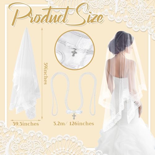 2 Pcs Wedding Veil and Cord Set, Wedding Lasso Lazo Para Boda with Cross for Catholic Wedding Ceremony Mexican Bridal Gifts(White Bowknot)