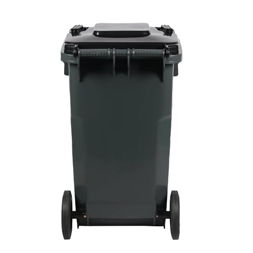 27 Gallon Step-On Rollout Trash Can with Lid and Wheels - Large Outdoor Plastic Rolling Garbage Can - Commercial Heavy-Duty Container Barrel, Gray