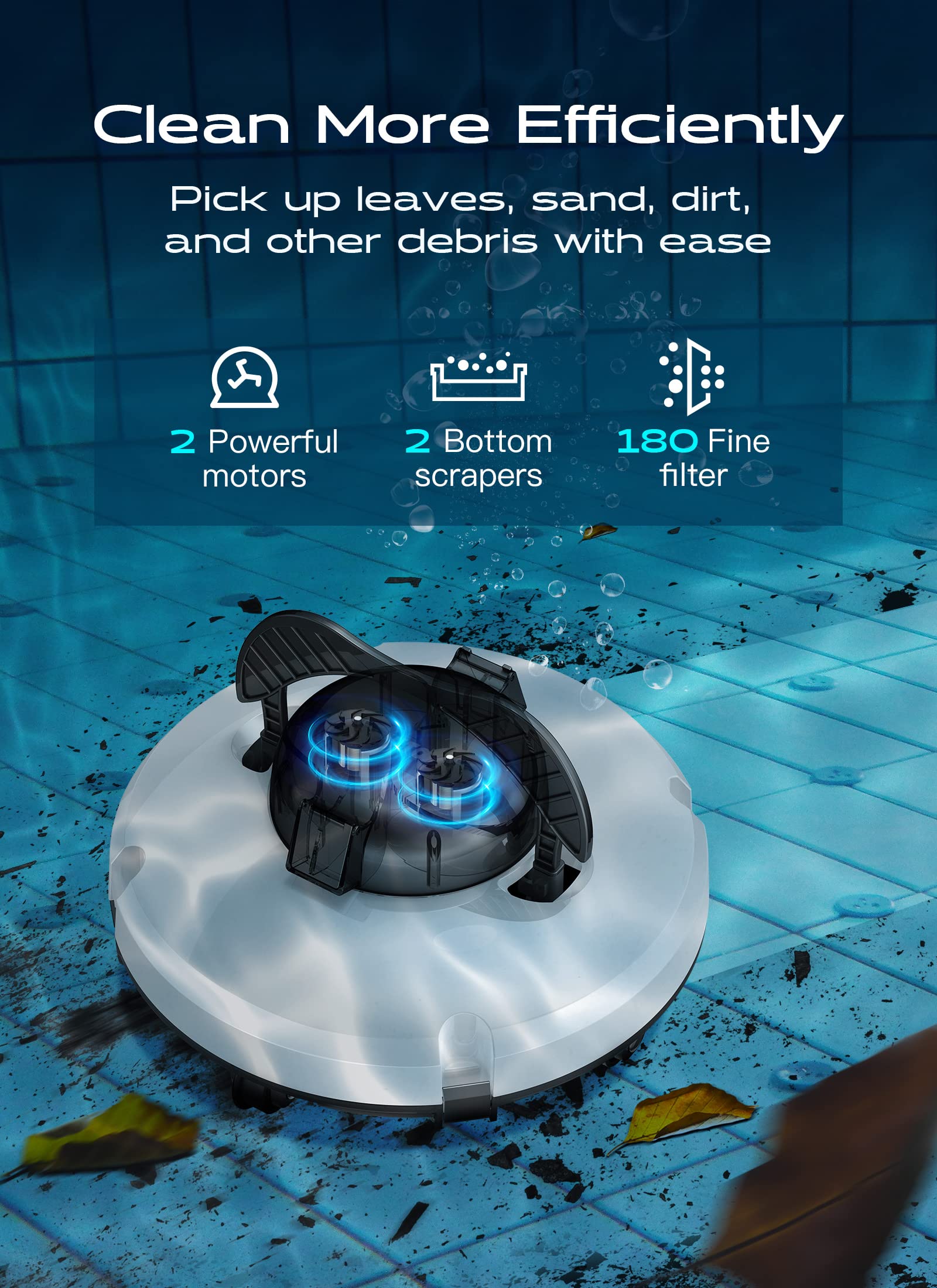 ππππ ππ©π π«ππππ Cordless Pool Vacuum -γUp to πππ Minsγ Robot Pool Vacuum Cleaner for Above Ground/Inground PoolγEnhanceγ 5200mAh Batteryγ2-Motorγ Suction for Flat Pool Up 650