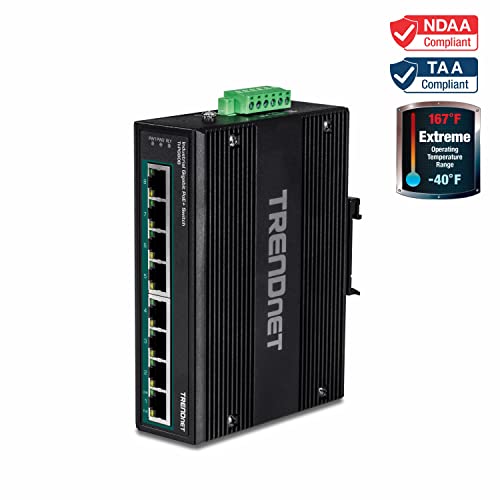 TRENDnet 8-Port Hardened Industrial Unmanaged Gigabit 10/100/1000Mbps DIN-Rail Switch w/ 8 x Gigabit PoE+ Ports, TI-PG80B, 24 β 56V DC Power inputs with Overload Protection, Lifetime Protection