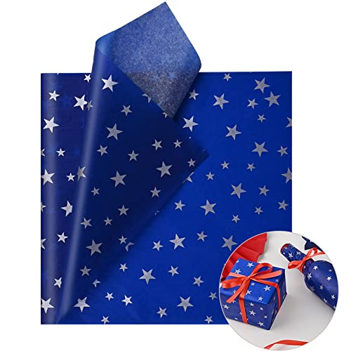 Bolsome 60 Sheets 20 * 20 Inches Silver Star Tissue Paper, Navy Blue Tissue Paper for Gift Wrapping for Birthday Baby Shower Patriotic Themed Party DIY Craft