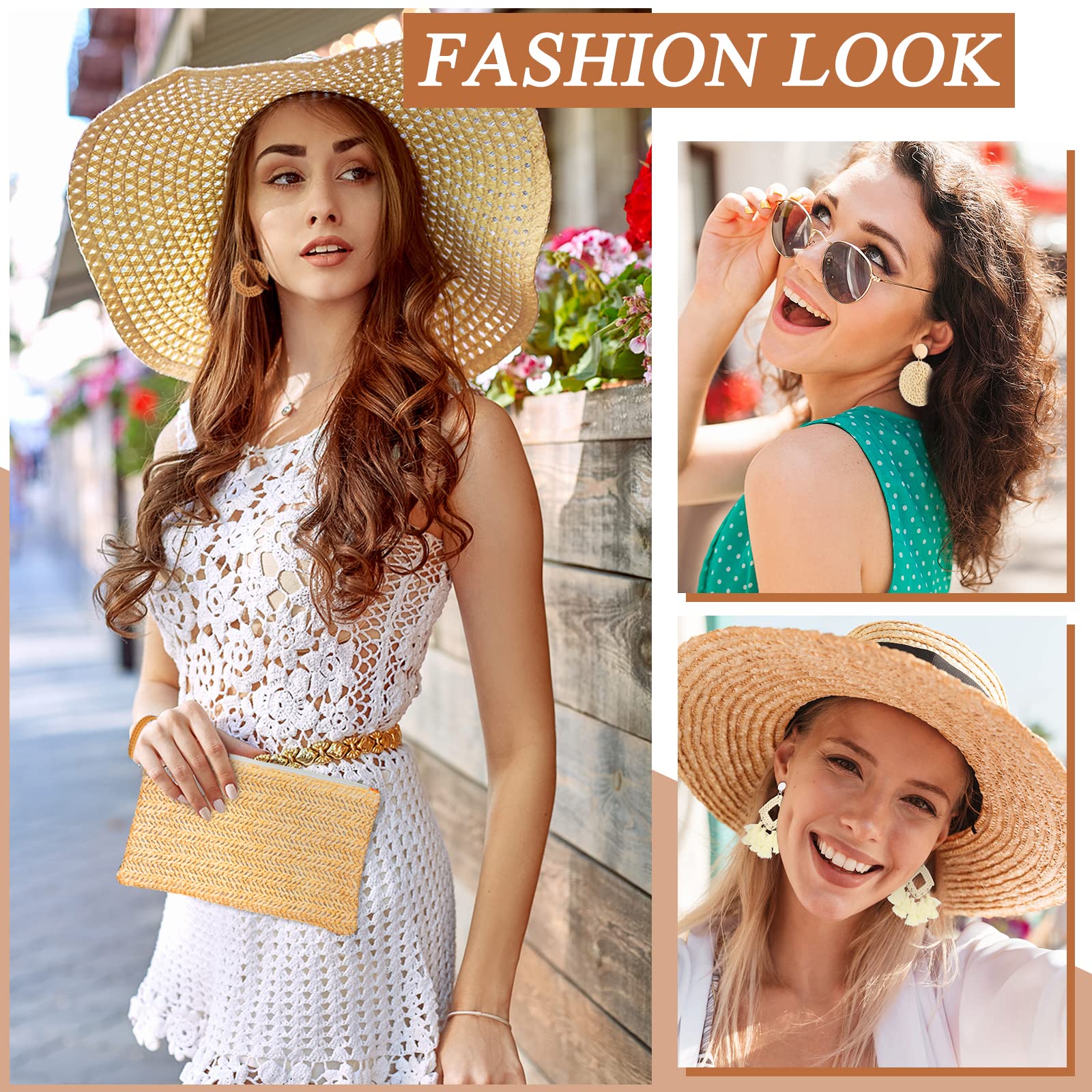 2 Pcs Women's Straw Clutch Purse and 4 Pairs Rattan Earrings Lightweight Boho Geometric Woven Straw Earrings (Retro Style)