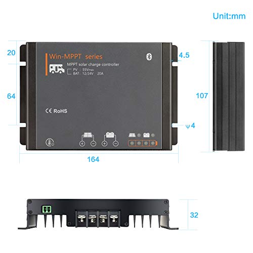 20A mppt Charge Controller, 12V/24V Negative Ground Solar Charge Controller Regulator, Compatible with Bluetooth, Lead-Acid Lithium, RV Boat Truck House System