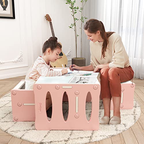 BanaSuper Kid's Table and 2 Chairs Set Plastic Activity Table for Toddlers Children Desk Ideal for Arts & Crafts Snack Time Homeschooling Homework Gift for Boy & Girl(Pink with 2 Chairs Set)