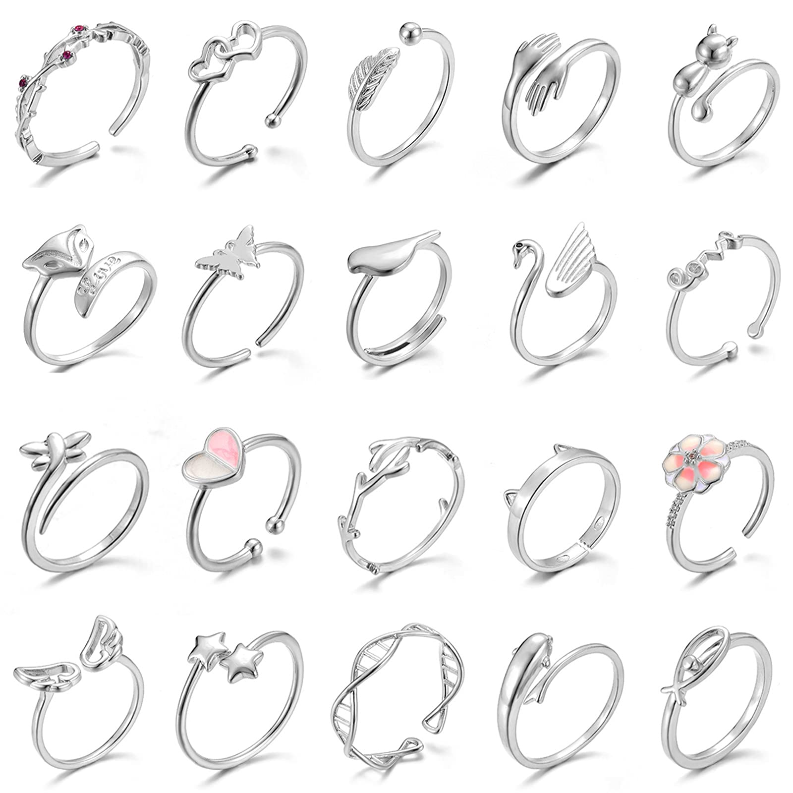20 Pcs Adjustable Rings Set for Women - Cute Stackable Finger Rings Pack for Teens Girls -in Gold and Silver Tone (#2-Silver Tone)