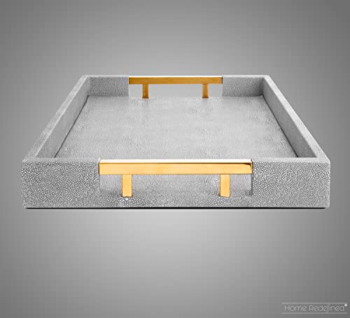 Modern Elegant 18"x12" Rectangle Grey Glossy Shagreen Decorative Ottoman Coffee Table Perfume Living Room Kitchen Serving Tray with Gold Polished Metal Handles by Home Redefined for All Occasion's