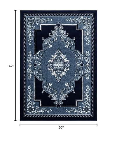 2x4 Small Rug Boho Glamour Thick Plush Oriental Area Rug Traditional Carpet Floral Medallion Rugs for Living Room and Bedroom Floor Navy Blue