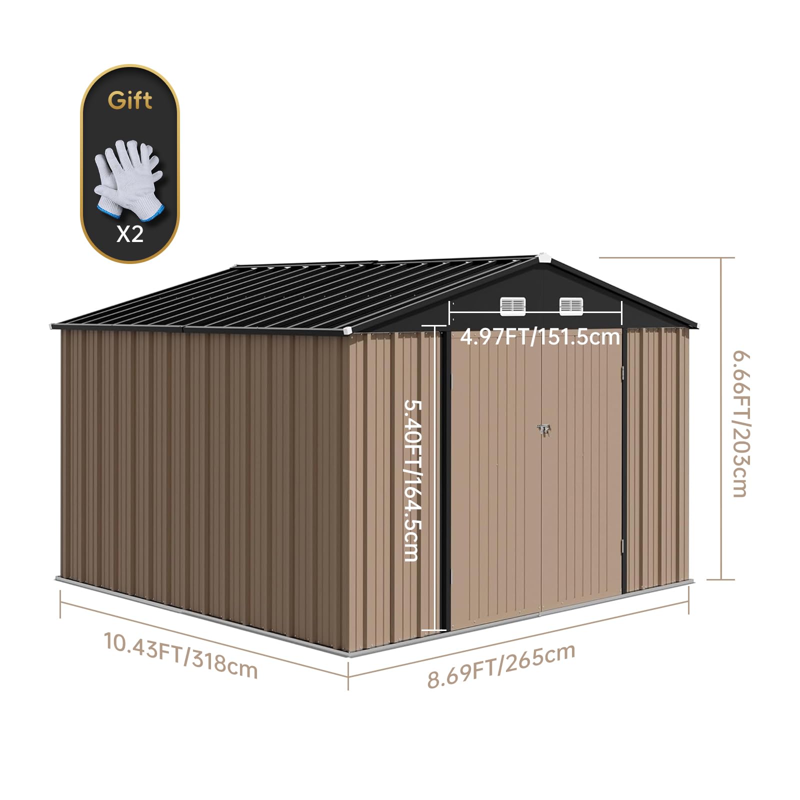 8.6'x10.4' Outdoor Storage Shed, Large Garden Shed, with Slooping Roof and 4 Vents. Updated Reinforced and Lockable Doors Frame Metal Storage Shed for Patiofor Backyard, Patio, Garage, Lawn,Brown