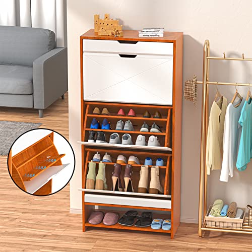 GLS Shoe Storage Cabinet Wood with Doors and Shelves,Shoe Storage Rack Organizer with 4 Fold Out Drawers for Bedroom & Mudroom & Entryway
