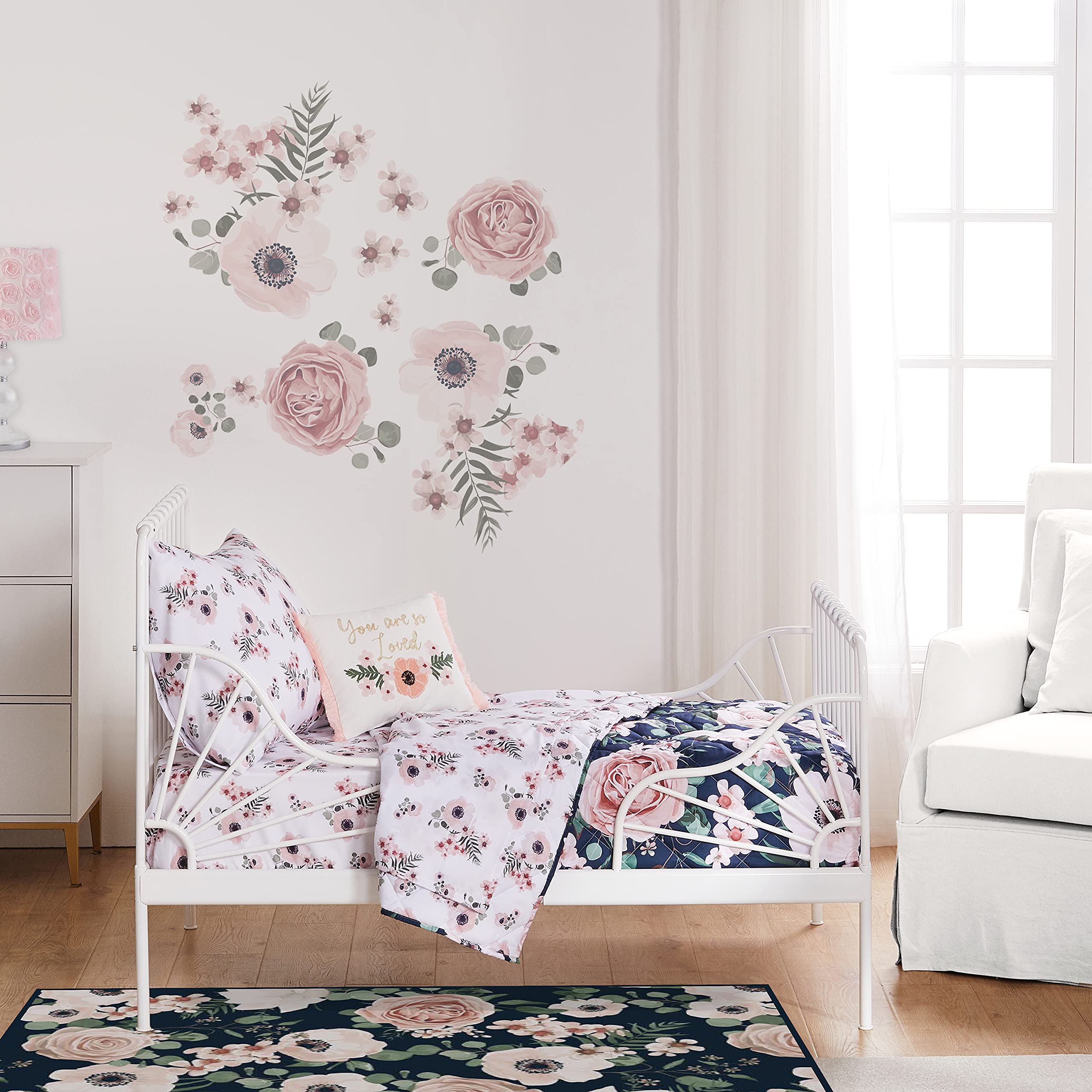 Levtex Baby - Fiori Toddler Bed Set - Black, Blush, Pink, White - Bold Floral - 5 Piece Set Includes Reversible Quilt, Fitted Sheet, Flat Sheet, Pillow Case, Decorative Pilow
