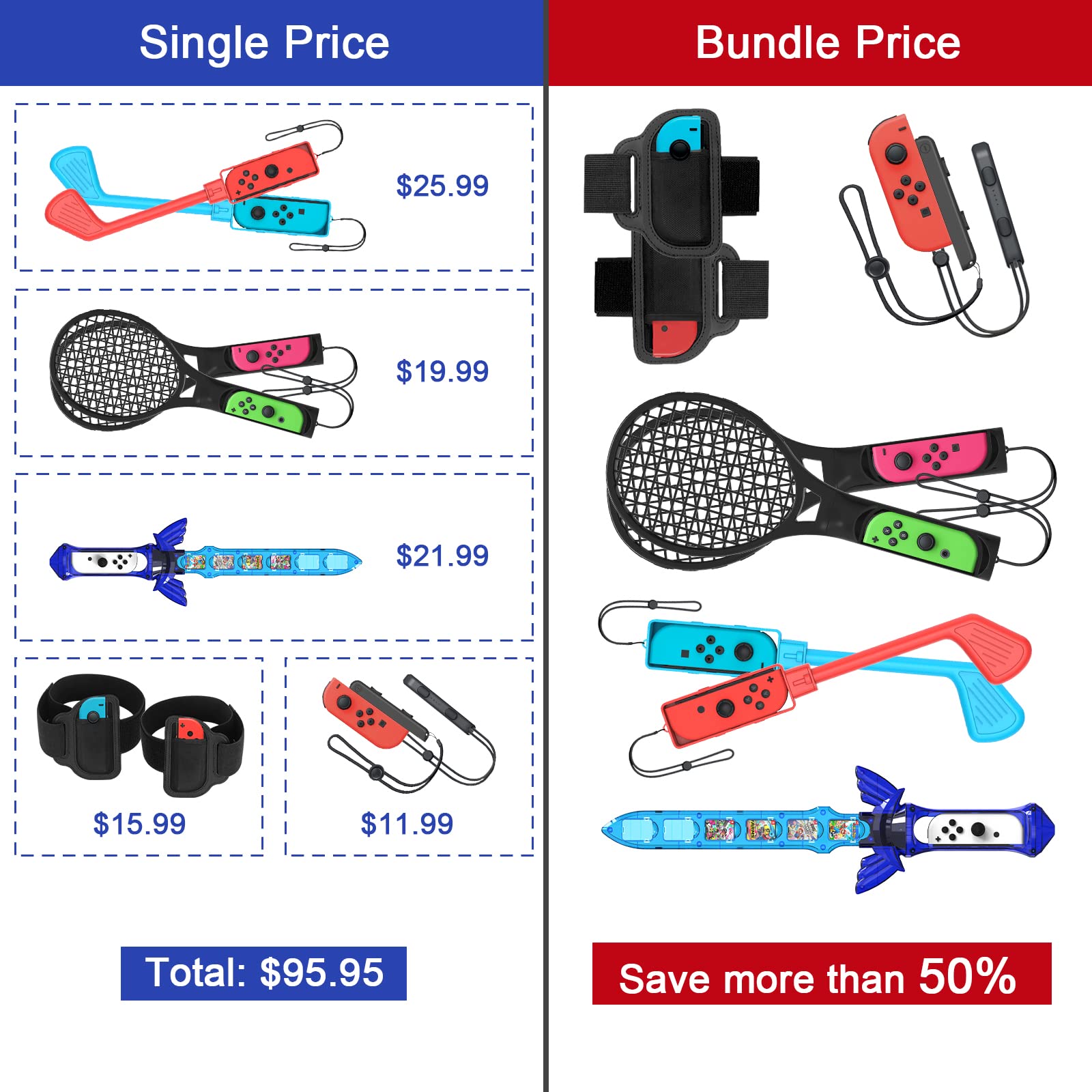 2022 Switch Sports Accessories Bundle - EJGAEM 9 in 1 Accessories Kit for Nintendo Switch & OLED : Golf Culb for Mario Golf Super Rush,JoyCon Strap,Sword,Comfort Leg Strap and Tennis Rackets