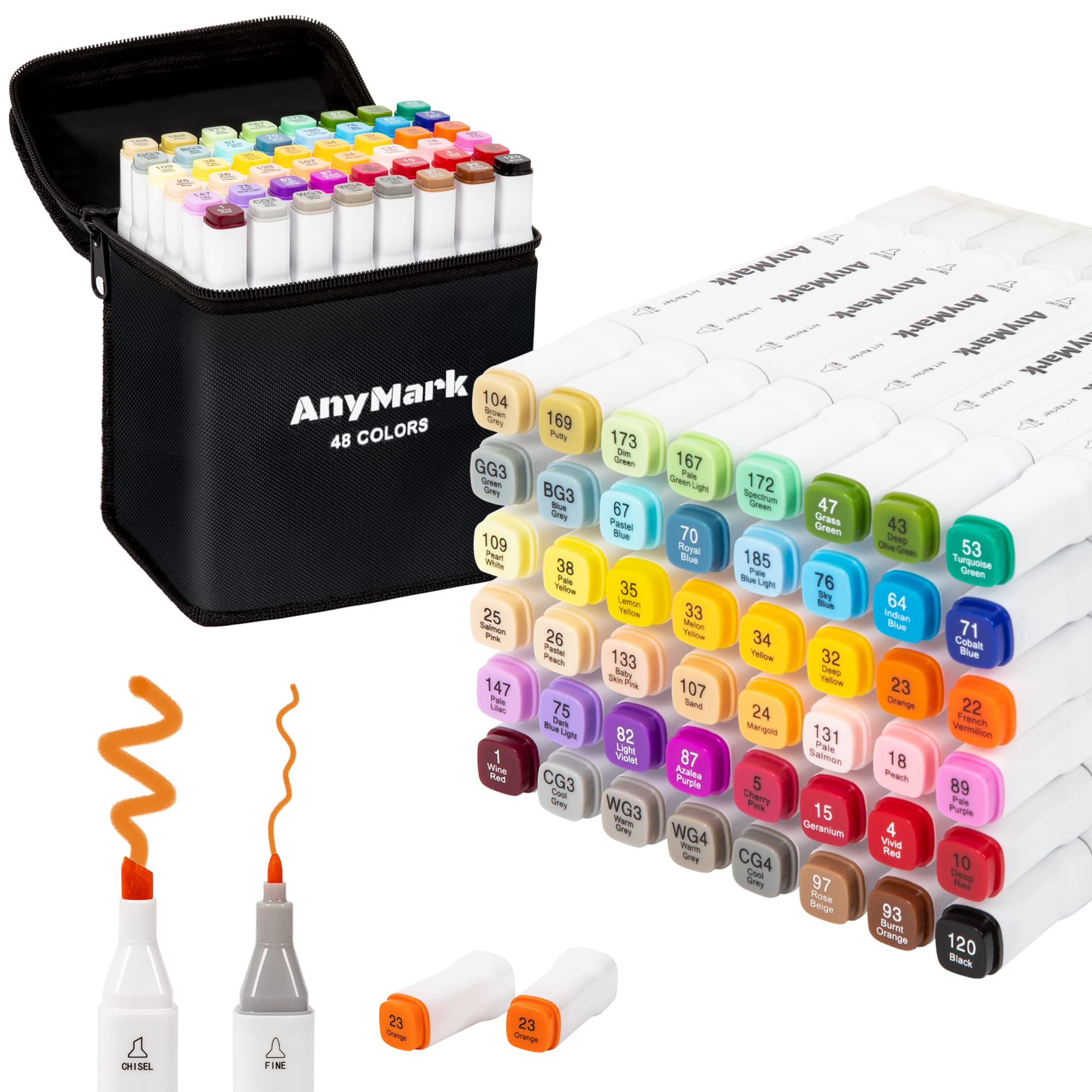AnyMark 48 Colors Alcohol Markers, Markers Set, Dual Tip Alcohol Based Art Markers for Kids Adults Coloring Drawing, Chisel & Fine