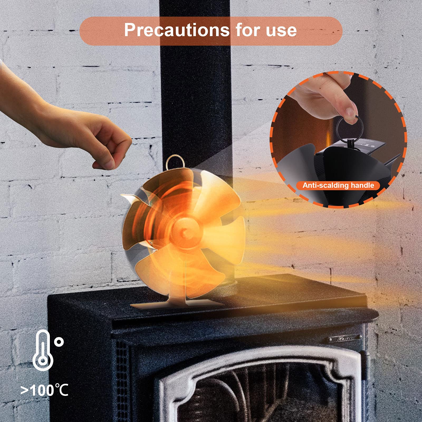 Ahageek Fire Fans for Stove, 6-Blades Stove Fan Silent Operation with Stove Thermometer for Wood/Log Burners/Fireplace Fan/Eco Friendly & Increased Efficient for Large Room