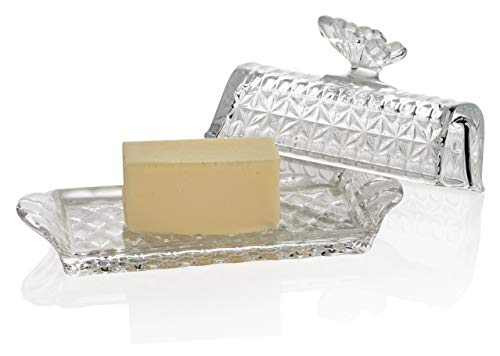 Bezrat Glass Butter Dish | Premium Butter Dish with Lid and Easy Grip Handle | Easy to Use and 100% Food Safe - Dishwasher Safe | Butterfly Addition