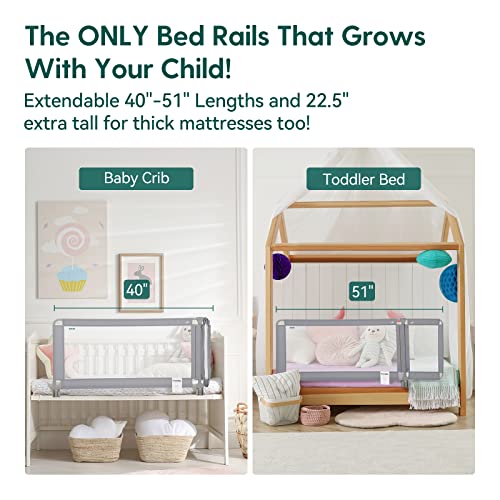 Babelio Toddler Bed Rails, Guardian 39"-51" Extendable Guard for Toddlers, Kids & Elderly Adults, 22.5" Tall Baby Side Rails Crib Twin /Queen /Full /King Size, CPSIA Certified (Gray)