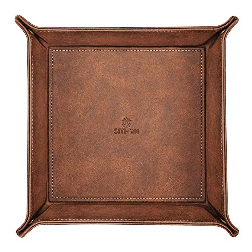 SITHON Valet Tray Desktop Storage Organizer β Premium PU Leather Catchall Tray Bedside Vanity Tray Nightstand Caddy Holder for Remote Controller, Keys, Phone, Wallet, Coin, Jewelry, Brown