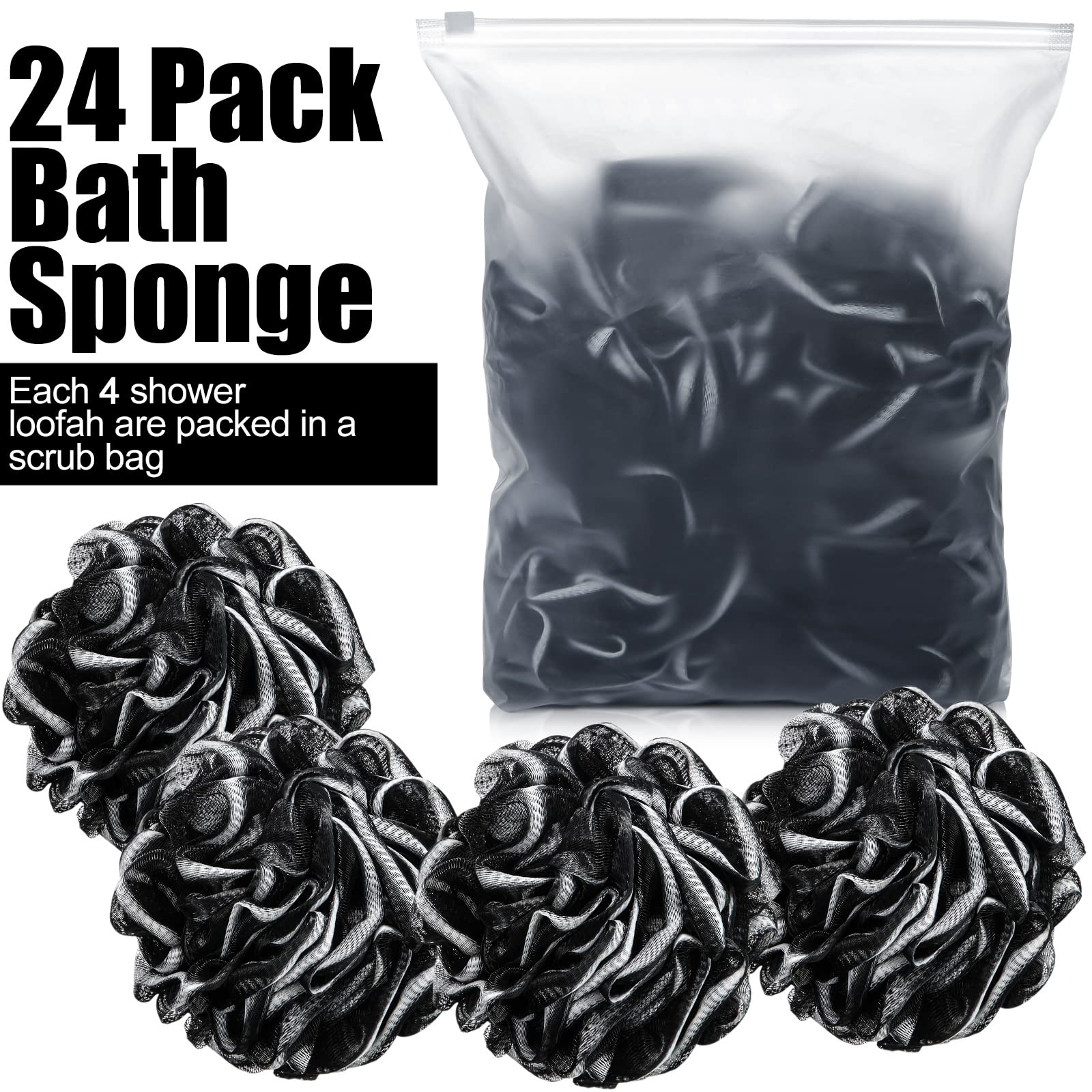 24 Pcs Loofahs Bulk Shower Bath Sponge 60 g Bamboo Charcoal Body Shower Loofah Shower Pouf Large Mesh Bath Puff for Men and Women Bathing Accessories