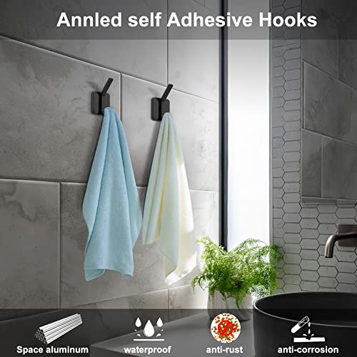 Adhesive Towel Hooks for Bathrooms,Heavy Duty Wall Hooks for Hanging Robe,Coats,Keys,Handbag,Waterproof Aluminum Sticky Hooks for Home,Bedroom,Hallways,Entrance,Kitchen,Office- Black 6 Pack
