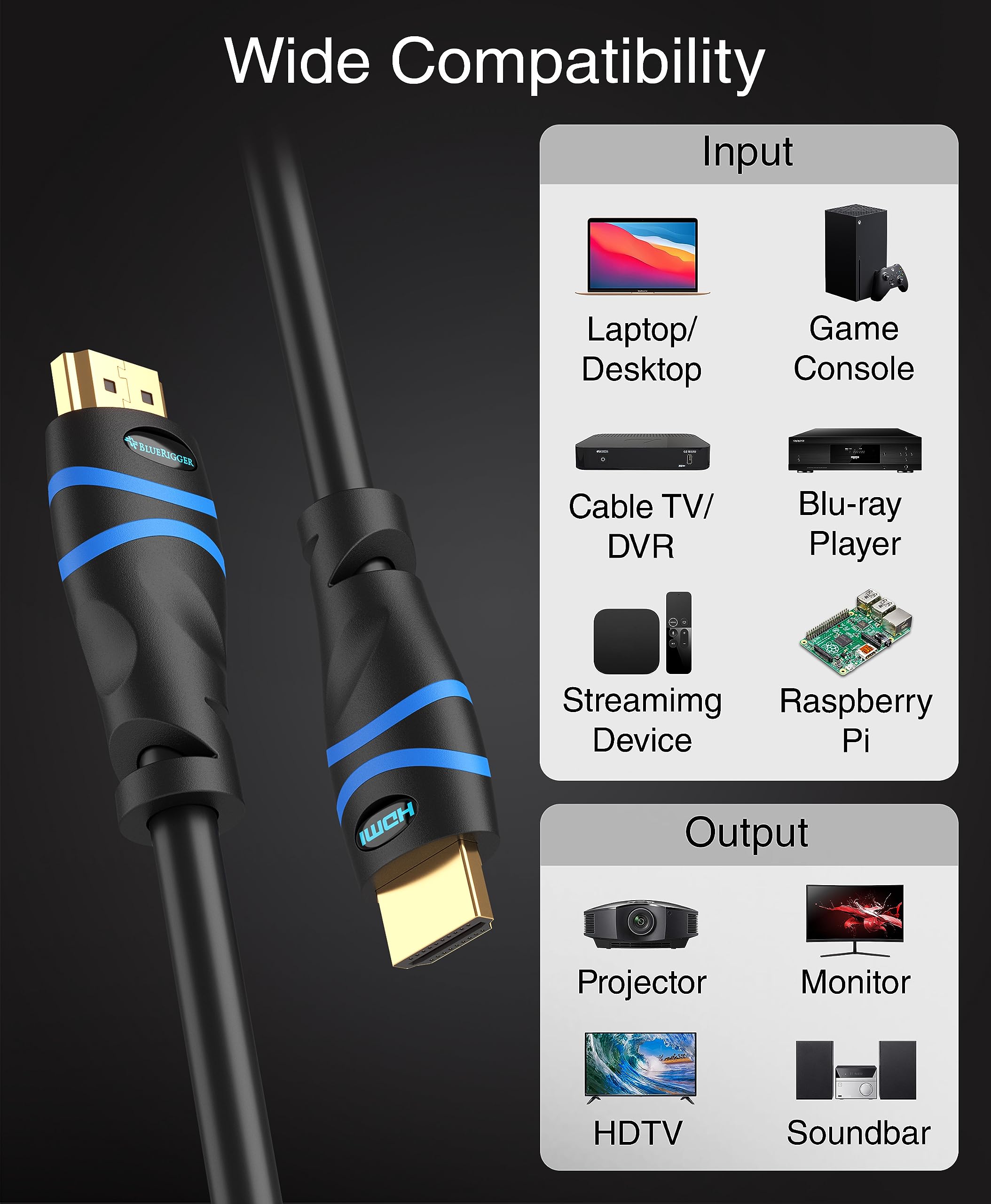 BlueRigger 4K HDMI Cable with Signal Booster (50FT, 4K 60Hz, in-Wall CL3 Rated) - Compatible with PS5, PS4, Xbox, Roku, Apple TV, HDTV, Blu-ray, PC