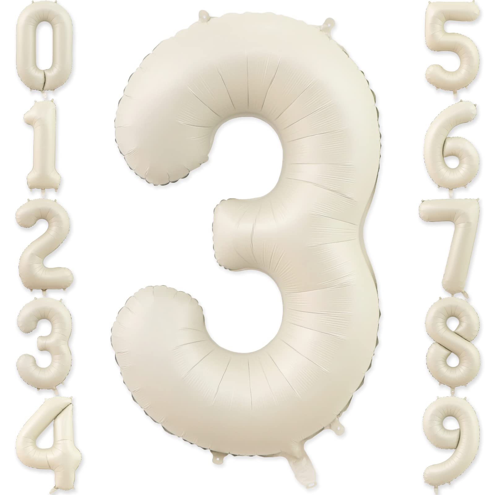 3 Balloon, Number 3 Balloon, 3 Balloon Number 40 Inch, Sand White Large Big Foil Number Balloons for Birthday Party Graduation Wedding Anniversary Baby Shower Bachelorette Decoration Supplies