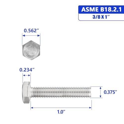 3/8-16 × 1" Hex Head Screw Bolt, 304 Stainless Steel 18-8, Full Thread, Coarse Thread UNC, ASME B18.2.1, 10 Pcs-Pack