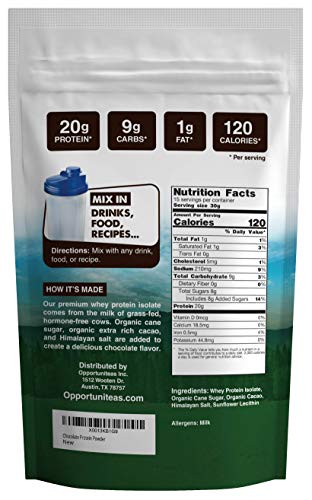Chocolate Whey Protein Powder - Grass Fed Whey Isolate + Organic Cacao + Real Sugar + Himalayan Salt - Delicious Taste for Shakes, Smoothies, Cooking & Baking Recipes - Gluten Free & Non GMO - 1 Pound