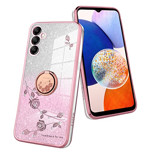 Bonoma Case for Samsung Galaxy A14 with 360°Rotatable Ring Holder Kickstand, Cute Luxury Saprkle Glitter Pretty Pink Flowers Floral Shiny Bling Sparkle Cover Shell for Women Girls