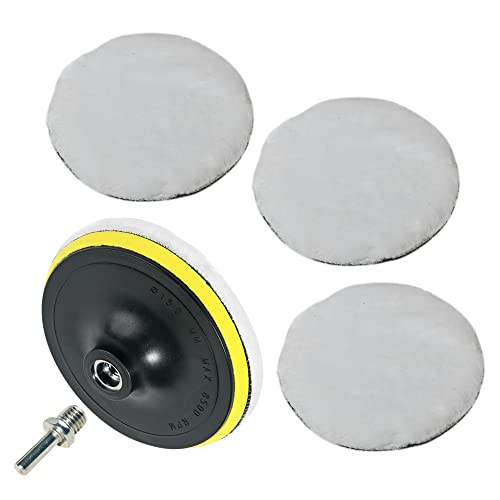 Banseko 5 Pcs Kit 6 Inch Wool Cutting Pad,Polishing Buffing Wheel for Drill Wool Pads Wheel Polishing Pads,Woolen Polishing Waxing Pads with Drill Adapter for Car Polisher Polishing and Buffing
