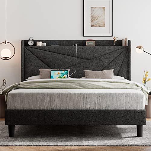 Feonase Queen Bed Frame with Type-C & USB Ports, Upholstered Platform Bed Frame with Wingback Storage Headboard, Solid Wood Slats Support, No Box Spring Needed, Noise-Free, Gray