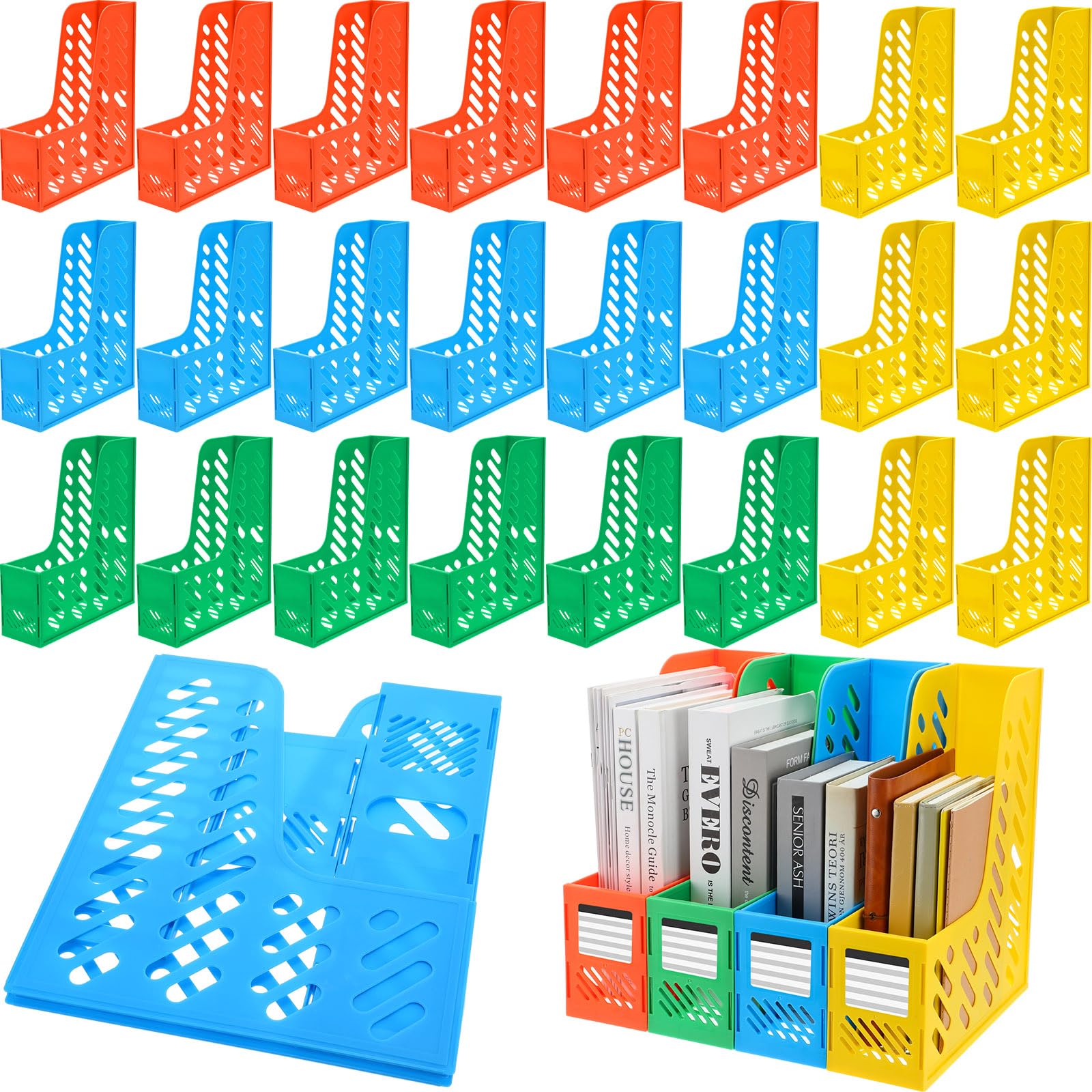 24 Pack Magazine File Holder Desk Organizer Foldable Vertical File Folder for Office Classroom Organization and Storage Desktop Binder Rack for Office Classroom Supplies (Red, Yellow, Blue, Green)
