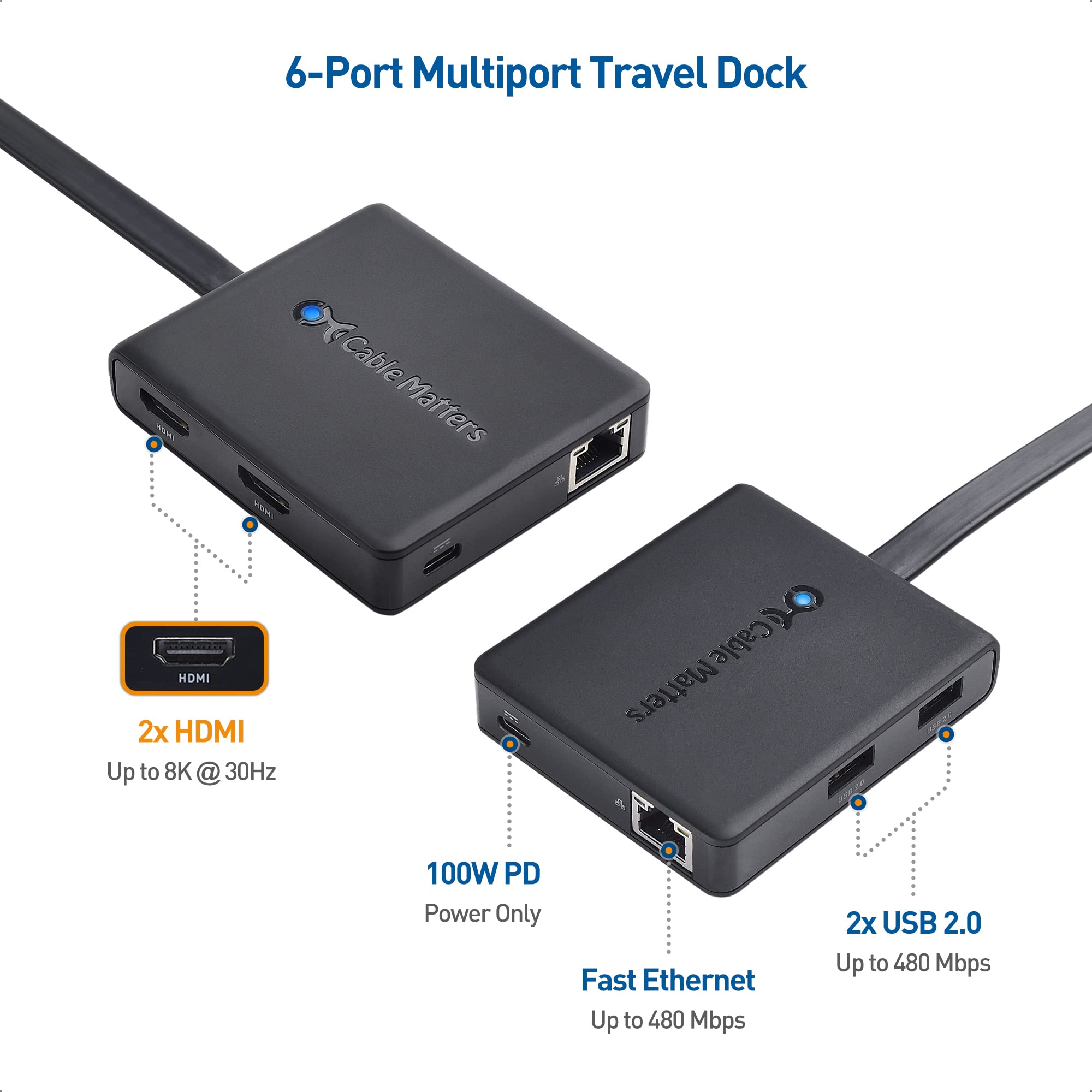 Cable Matters Dual Monitor USB C Hub (USB C Dock) with Dual 4K HDMI, 2X USB 2.0, Ethernet, and 100W Charging - Thunderbolt 4 / USB4 / Thunderbolt 3 Port Compatible with Windows