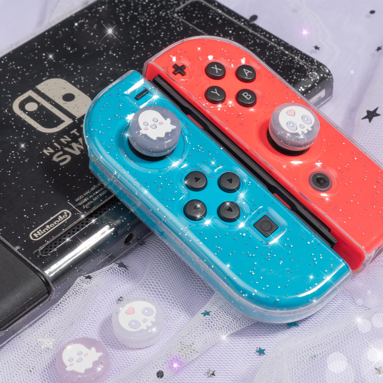 BelugaDesign Ghost Thumb Grips | Halloween Gothic Clear Jelly Glitter Joystick Grip Button Caps | Compatible with Nintendo Switch Standard Lite OLED