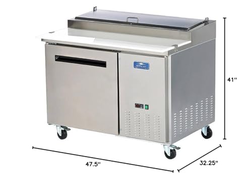 Arctic Air APP48R Single Door Refrigerated Pizza Prep Table/Station with Wheels, 47.5" Width, Stainless Steel, 115v, for Restaurant, Bar, Shop, etc.