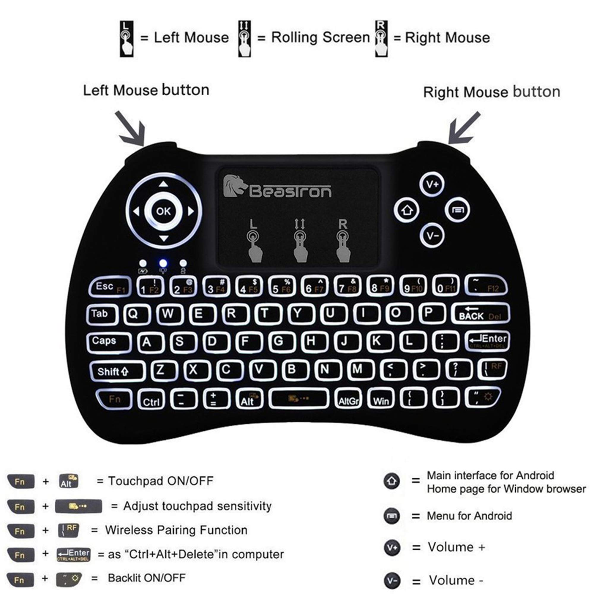 Beastron (Upgraded) 2.4G Mini Wireless Keyboard with Touchpad Mouse&QWERTY Keyboard, Backlit Portable Keyboard Wireless with Remote Control for Laptop,PC,Google Android TV,Xbox,PS3/4 .Black