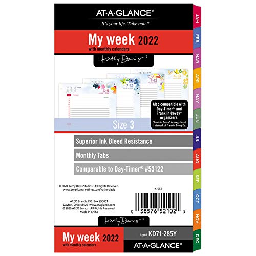 2022 Weekly & Monthly Planner Refill by AT-A-GLANCE, 53122 Day-Timer, 3-3/4" x 6-3/4", Size 3, Kathy Davis (KD71-285Y)