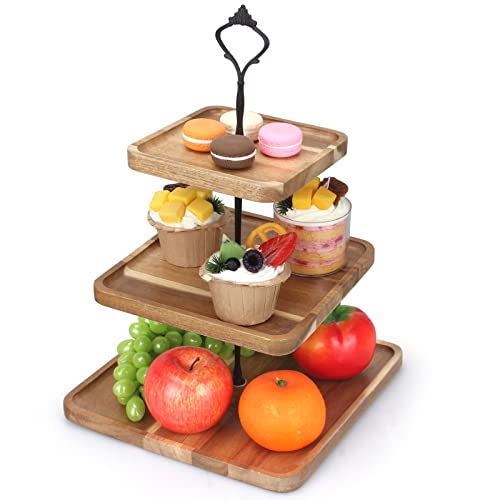 3 Tier Square Cupcake Stand Acacia Wood Serving Stand Wooden Three Tiered Cake Stand Dessert Stand for Party Wedding 3 Tier Tray Farmhouse Cup Cake Holder Display Stand