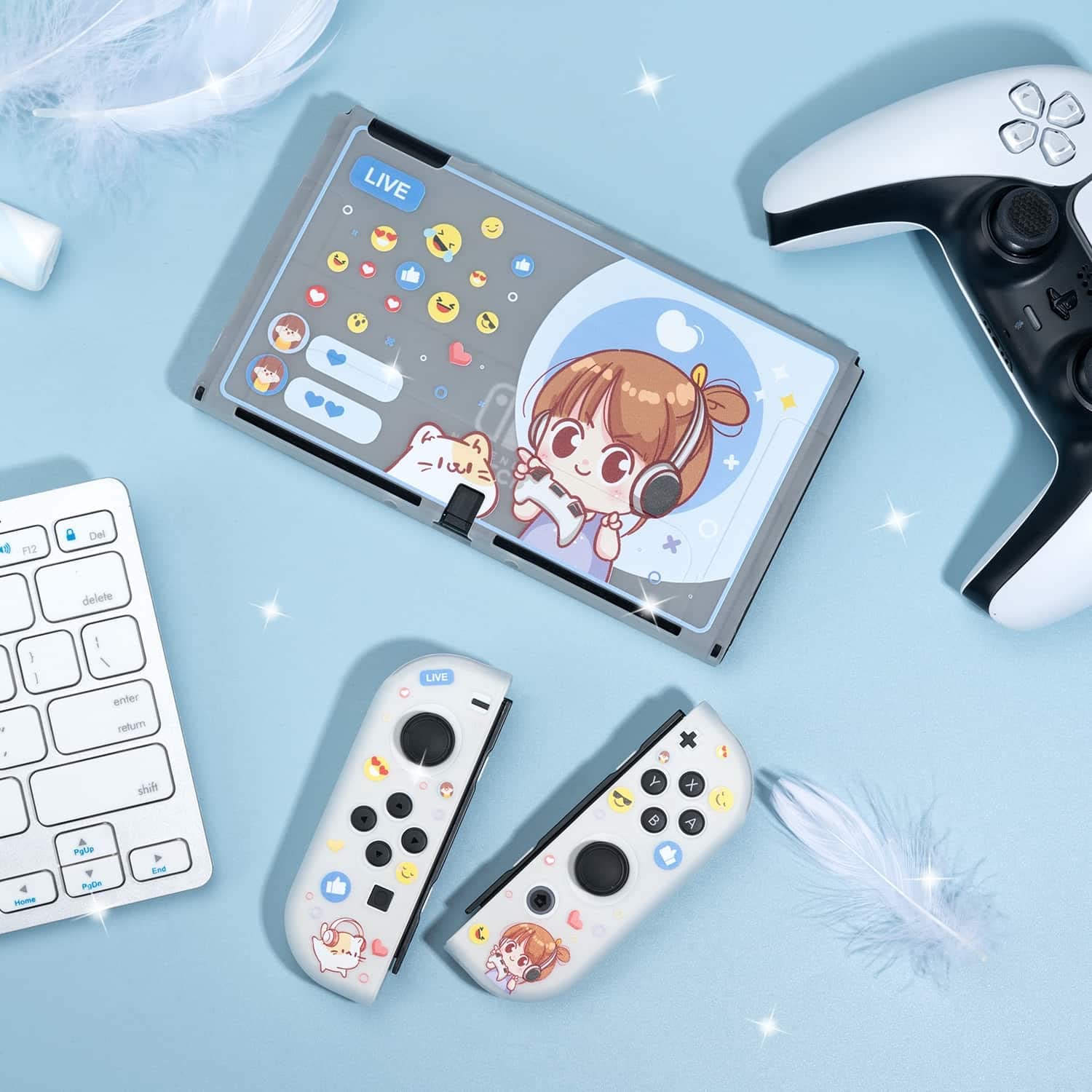 BelugaDesign Girl Gamer Case | Dockable Soft Anime Streaming Pastel Cute Snap on Cover Shell | Compatible with Nintendo Switch OLED Console Joycons (Switch OLED, Clear Blue)