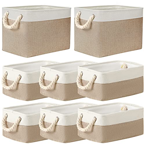 8 Pack Fabric Storage Baskets for Shelves Collapsible Storage Bins Decorative Baskets Empty Gift Foldable Cloth Baskets with Handles for Organizing Home Closet Towels Kids Baby Clothes, Beige 2 Sizes