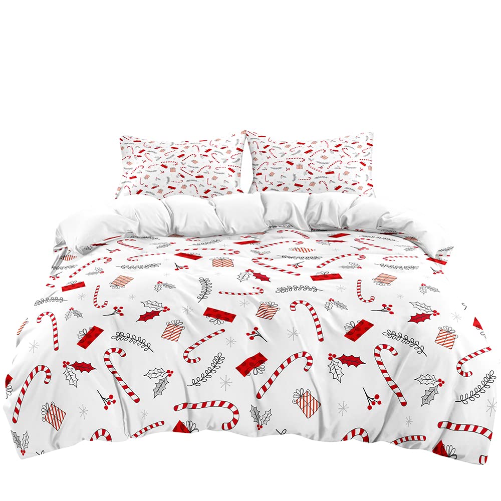 Abosbeet Christmas Duvet Cover Full Boys Girls Leaf Candy Pattern Comforter Cover Hidden Zipper Kids Bedroom Decor 2 Pillowshames White Bedding Sets Microfiber Soft Breathable Bedroom Decor
