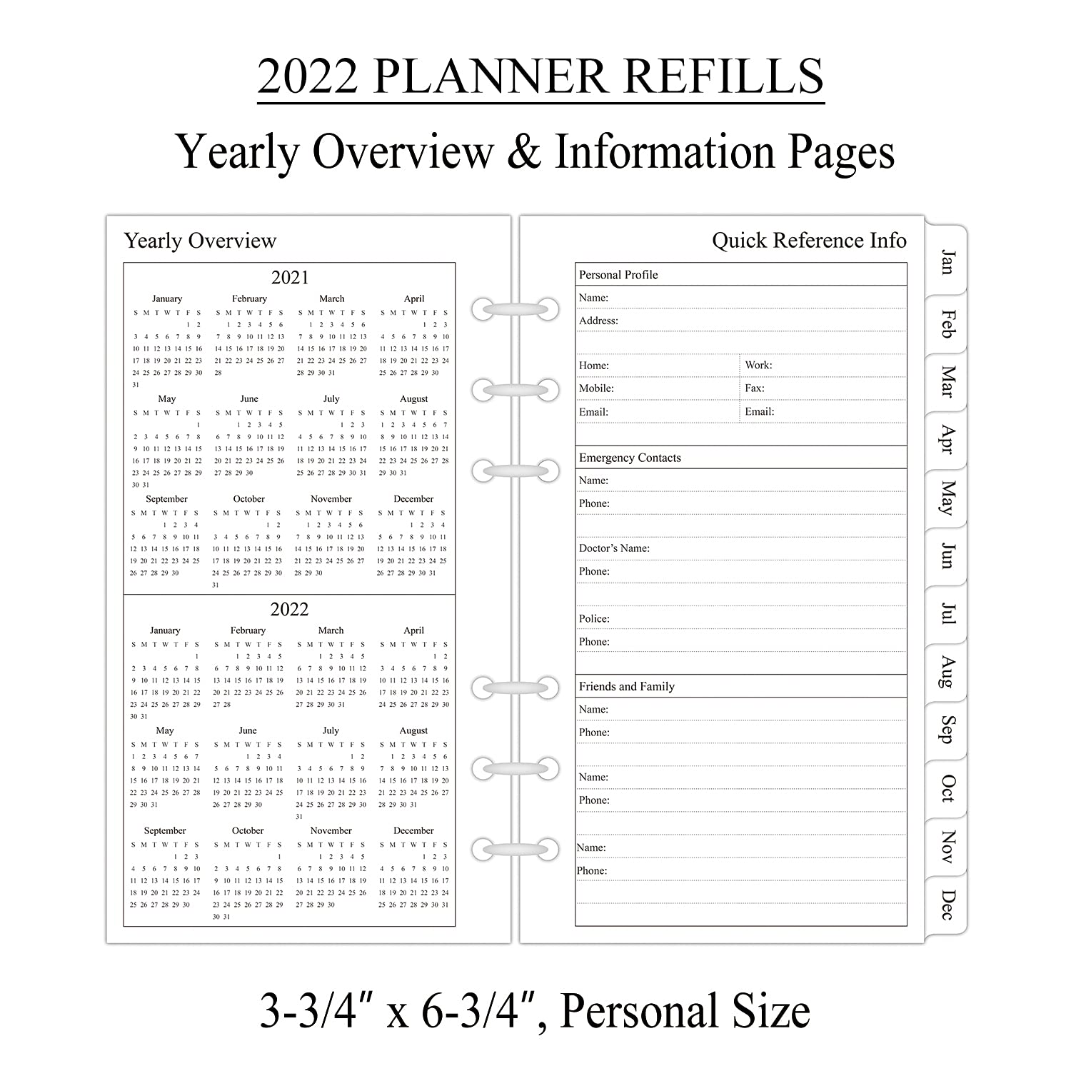 2022 Weekly & Monthly Planner Refill, 3-3/4" x 6-3/4", from January 2022 to December 2022, Personal Size/Size 3