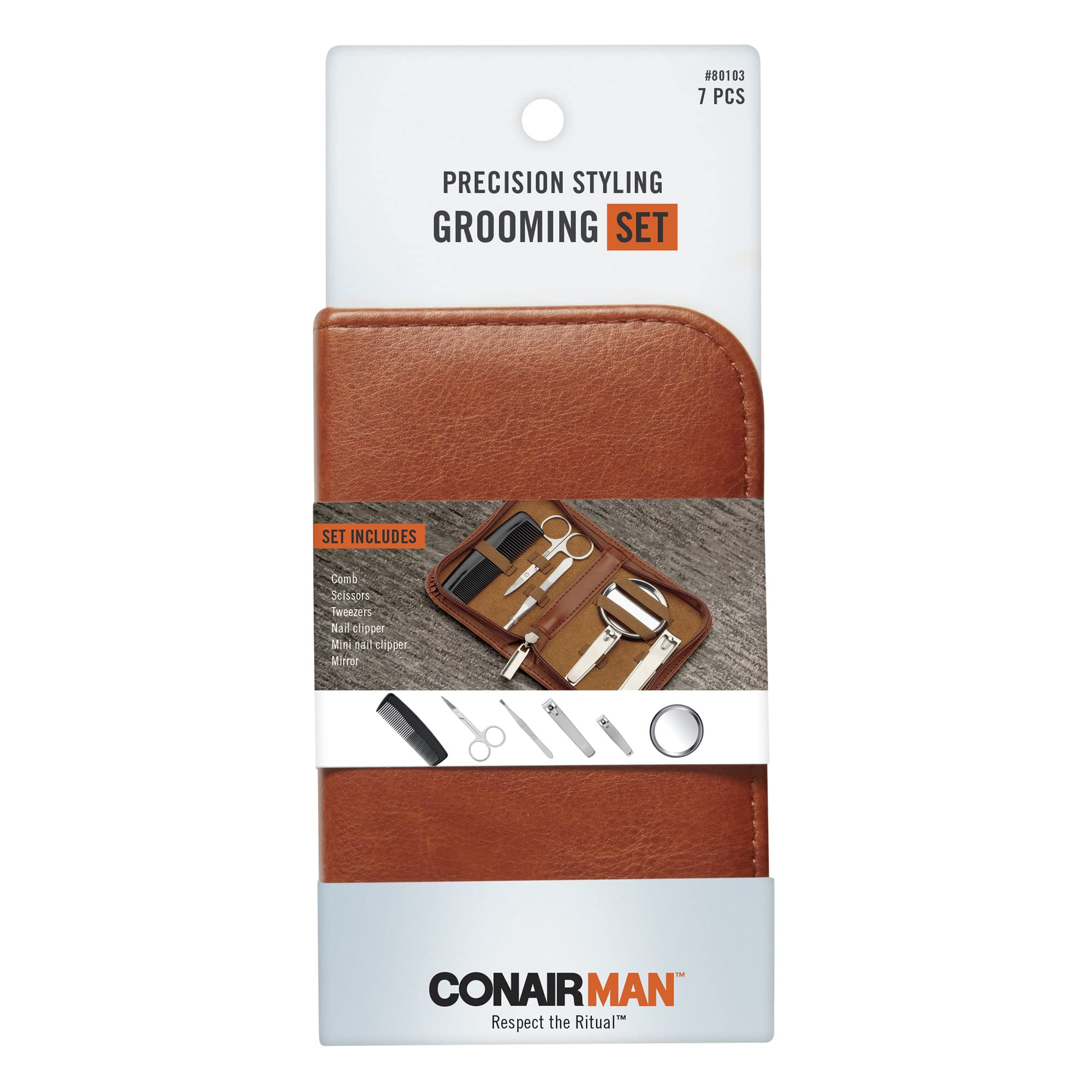 Conair Men's Grooming Kit, Grooming Kit for Men with 7-Pieces in Leather, Zippered Case