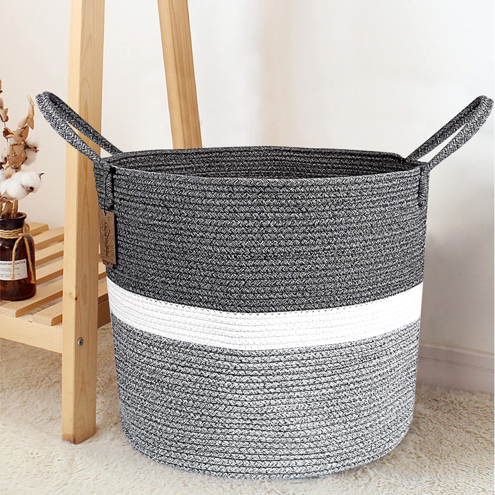 Laundry Hamper with Handles FULOOPHI Cotton Rope Woven Basket for Delicates Large Mesh Clothes Hamper for Washing Machine Pillows Towels Socks Shoes Kids Toys Trainers Travel Bedrooms Light Grey